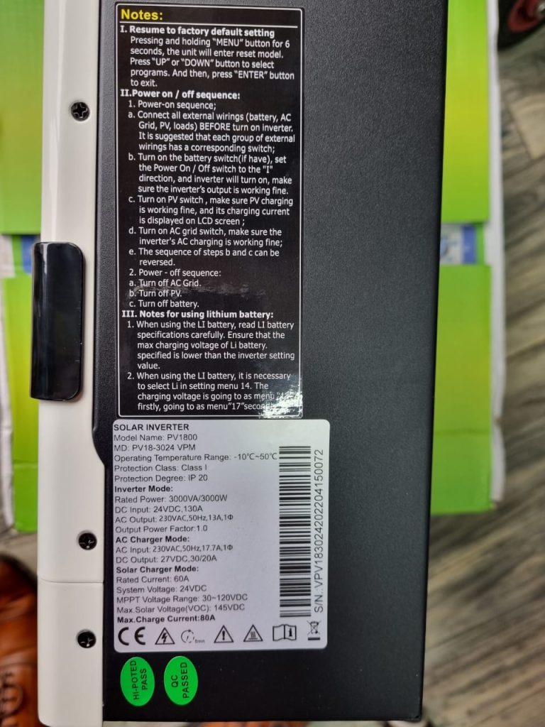 3.2KW MUST Hybrid Solar Inverter 24V – Model PV1800 VPM | Advanced MPPT ...