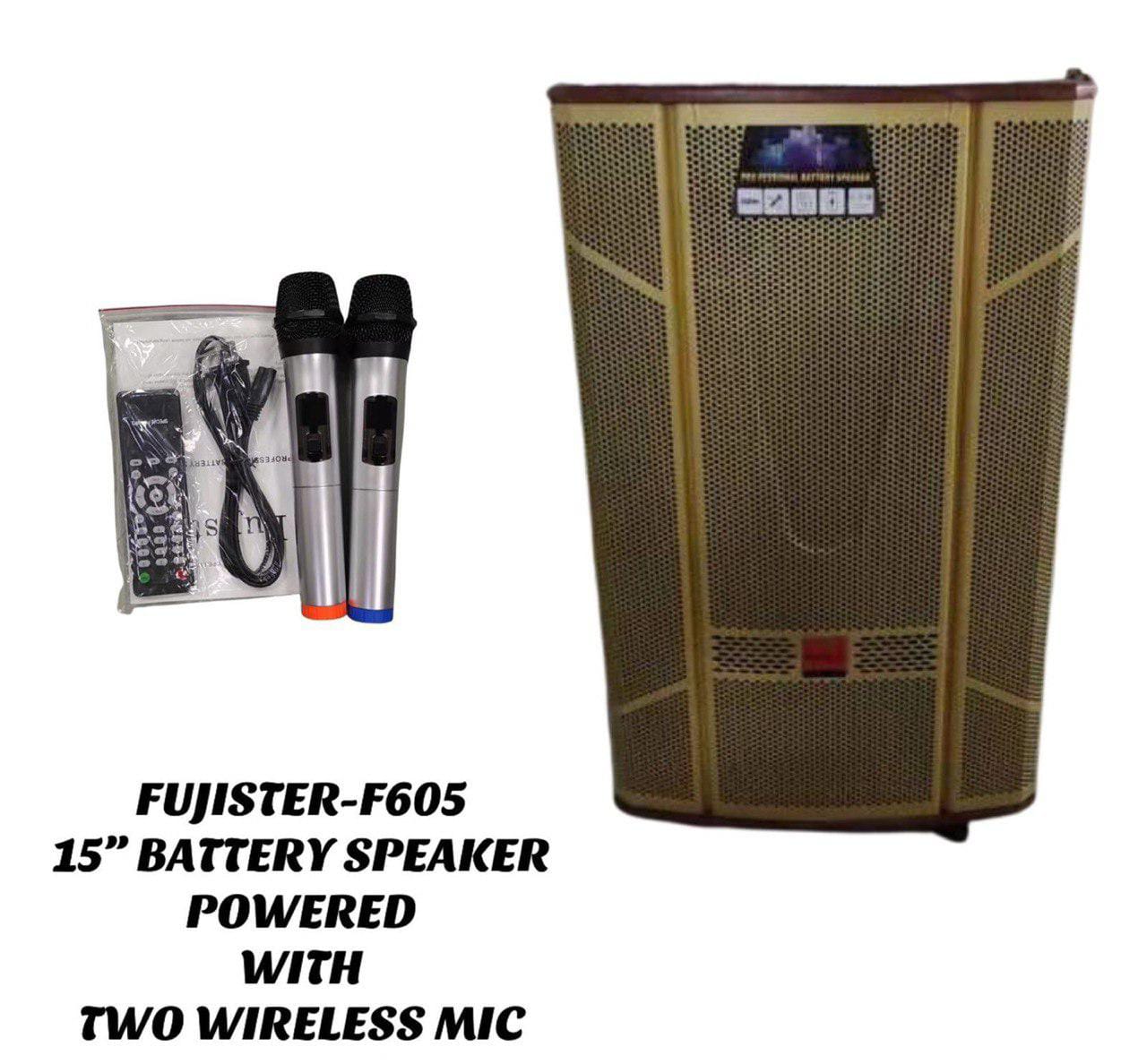 15" FUJISTER-F605 Rechargeable Battery Speaker + 2 Wireless Mics ...